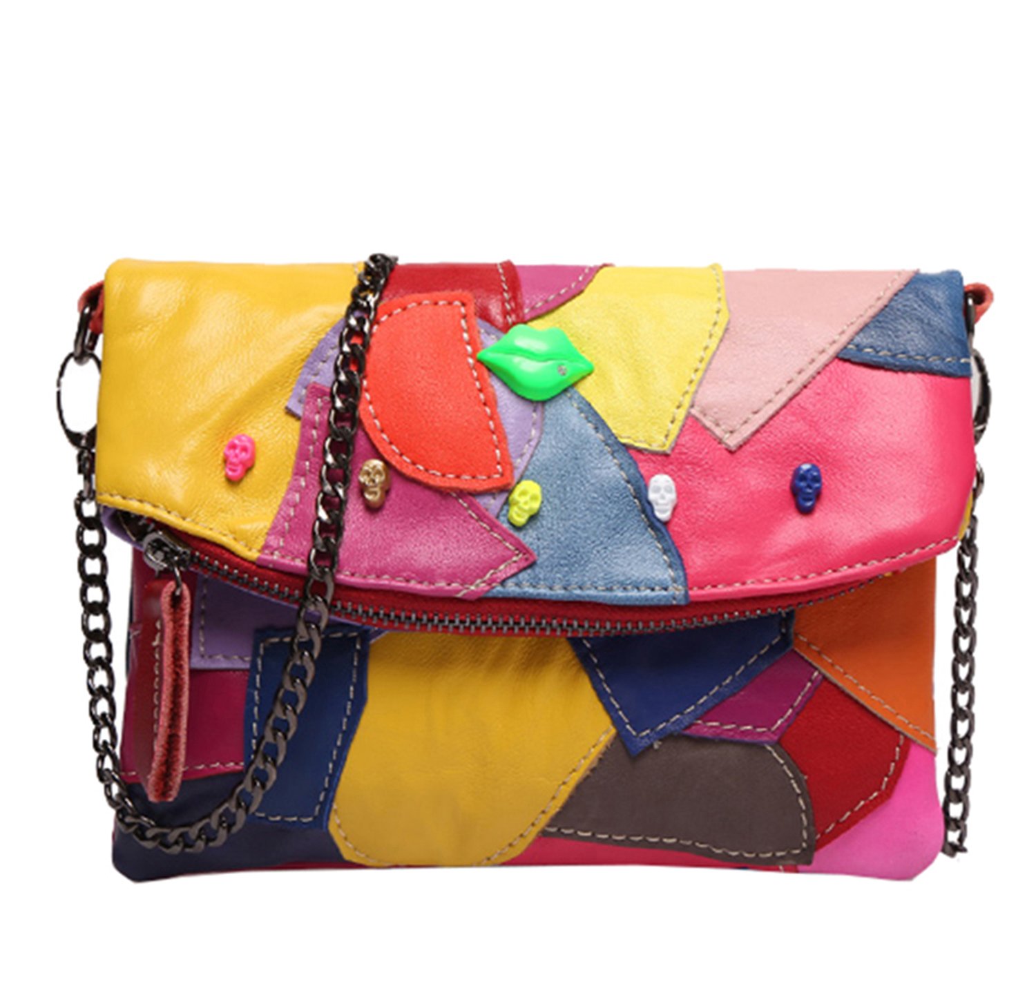 Sibalasi-Women Colorblock Lambskin Leather Multicolor Crossbody Bag Black Handbag Halloween Skull Studded Purse(AMulticolor)