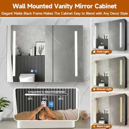 Fitsai Bathroom Medicine Cabinet with Light,LED 2-Door Bathroom Mirror Cabinet,31.5 x 23.6 Inch,with Defogger,Dimmer,Surface Mount,Black