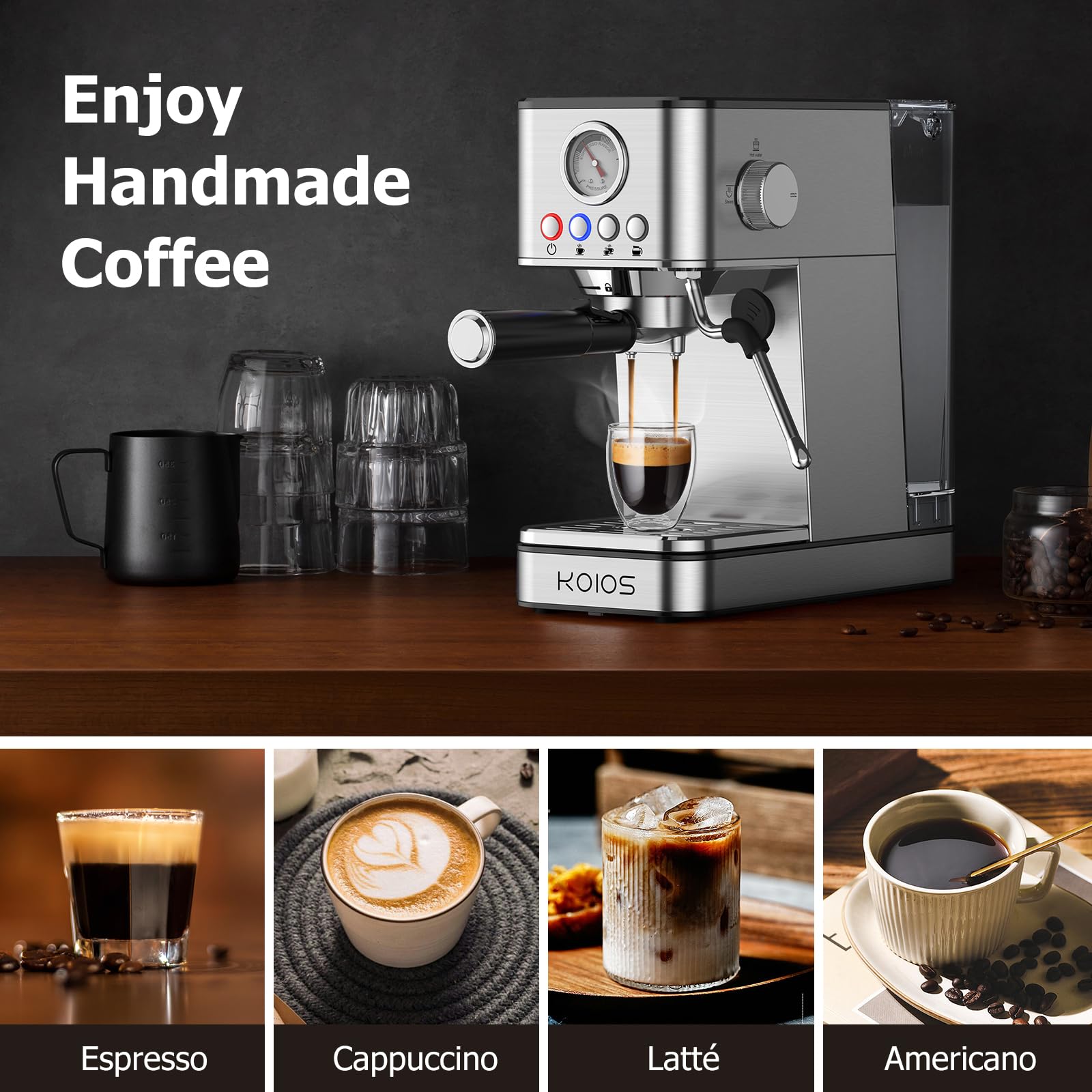 KOIOS Espresso Machines, Upgraded 1200W Espresso Maker with Foaming Steam Wand, 20 Bar Semi-Automatic Steam Espresso Coffee Maker for home, Cappuccino & Latte Machine with 58oz Removable Water Tank
