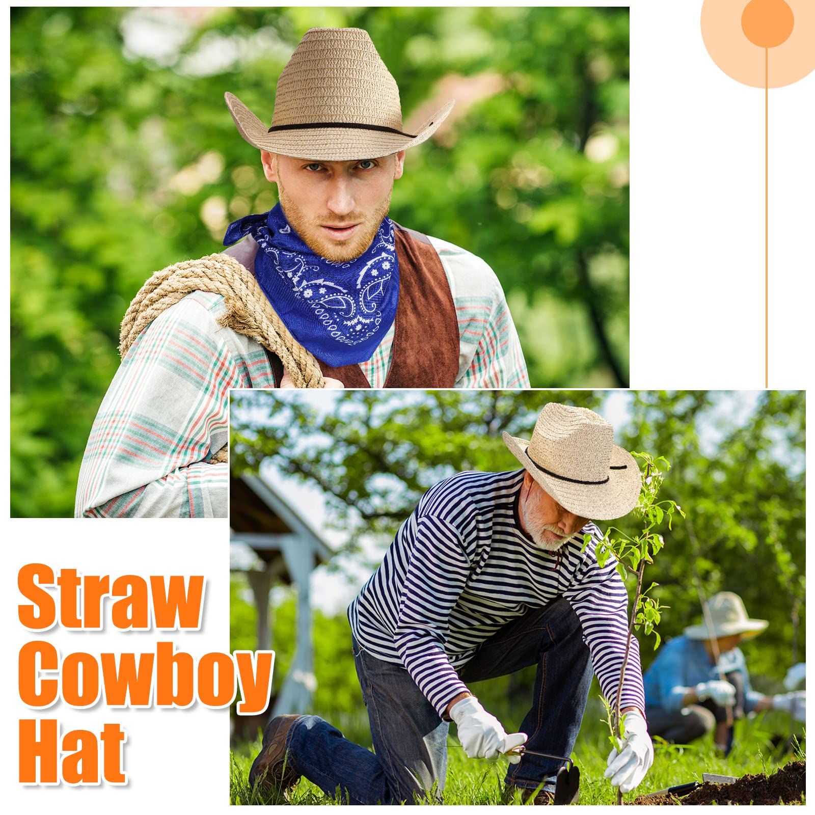 Coume 24 Sets Straw Cowboy Hats and Bandanas - Western Theme Party Costumes and Accessories Bulk Pack for Adults and Men