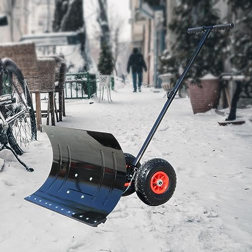 Generic Wheeled Snow Pusher Snow Plow Outdoor Sleigh Rolling Removal Tool Winter Snow Pusher for Park Sidewalk Doorway Walkways, Wheels 74x42cm