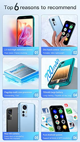 Mini Smartphone Unlocked 1GB RAM 8GB ROM Small Cell Phones, 2.5'' Touch Screen Quad Core Android Tiny Phone/3G/WiFi/Dual SIM/HD Camera/Google Play Mobile Phone (Blue)