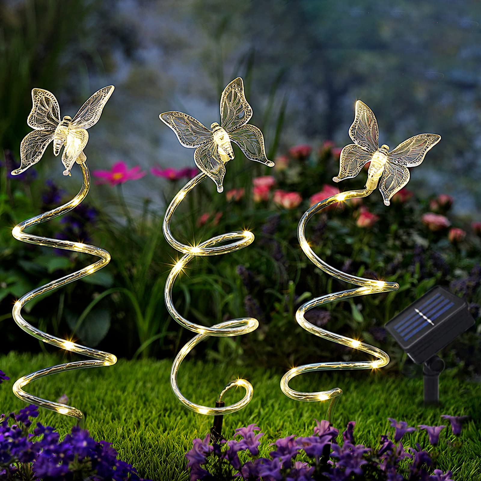 Solar Butterfly Garden Stake Lights Set of 3, Solar Powered 45 LED Spiral Tree Butterfly Figurines Decorative Landscape Lighting with 8 Lighting Modes for Path, Yard, Lawn, Halloween, Christmas