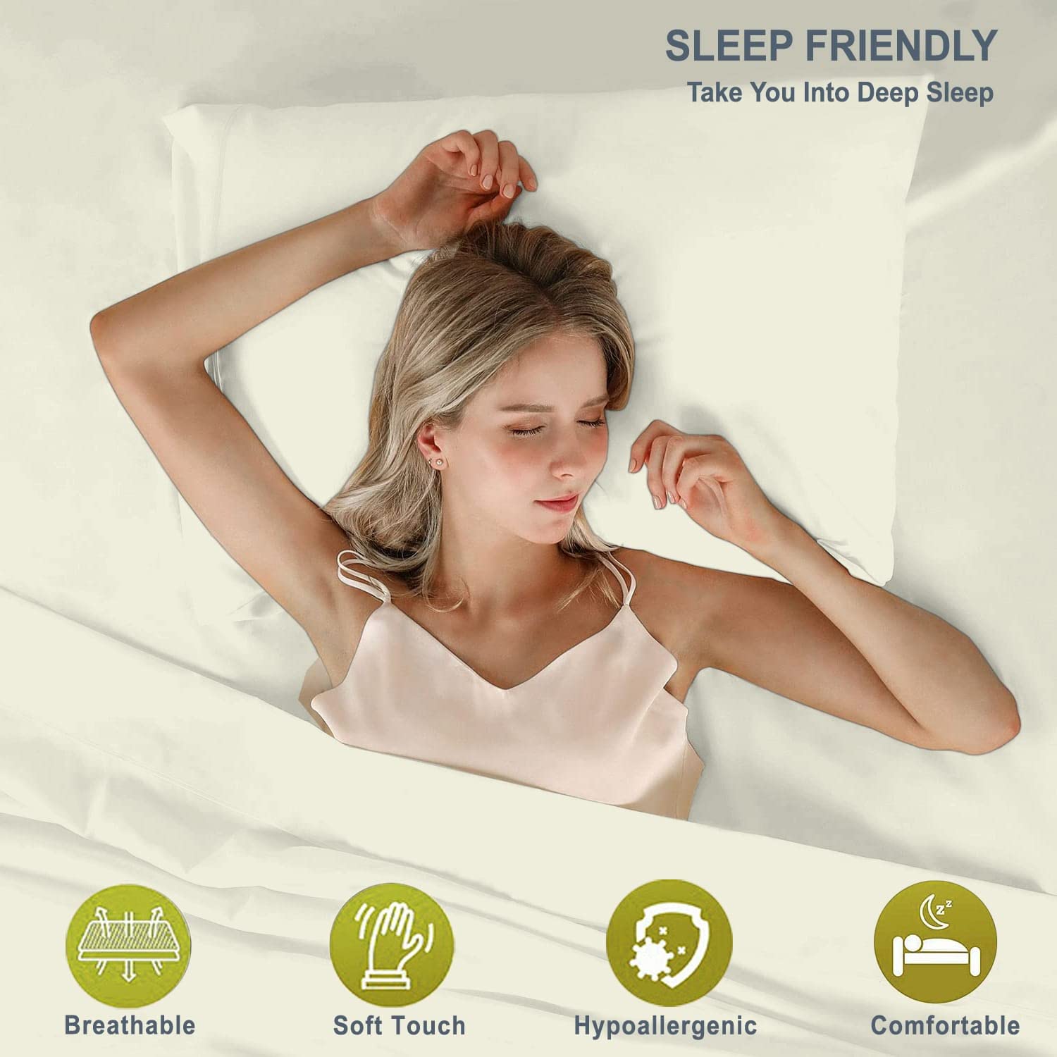 Certified 100 % Long Staple Pure Organic Egyptian Cotton 1200 Thread Count Soft Silky Sateen Weave -18”Deep Pockets-Easy Fit -Breathable & With Gift Box Packed – Queen Ivory 4 Piece Sheet set