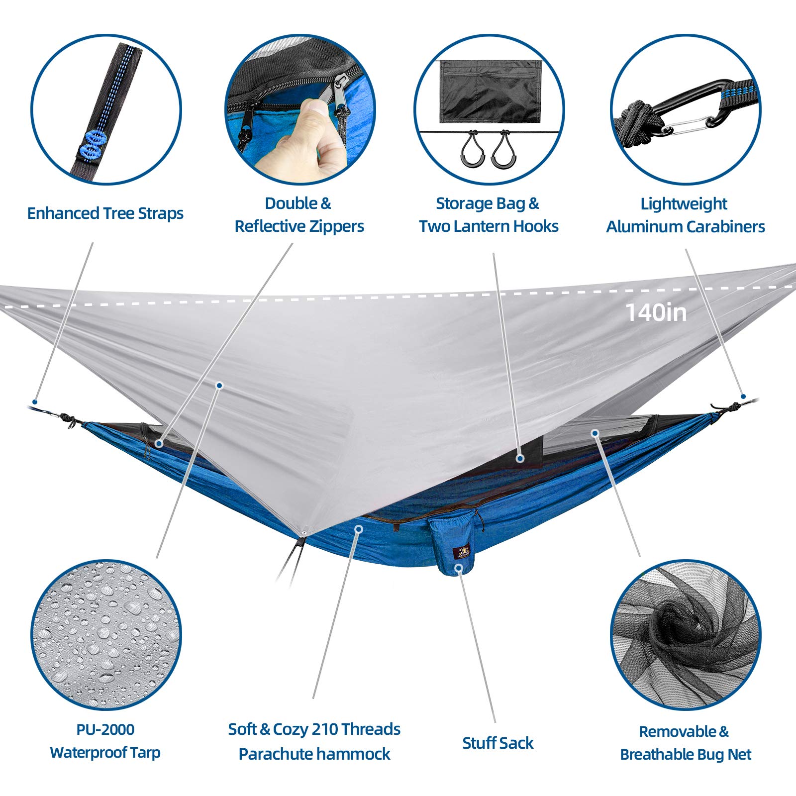 Camping Hammock - Portable Single Person Hammock w/Tree Straps Mosquito Net Rain Fly - Lightweight Travel Hiking Backpacking Hammocks - Parachute Nylon Hammock - Camping Accessories Gear Blue