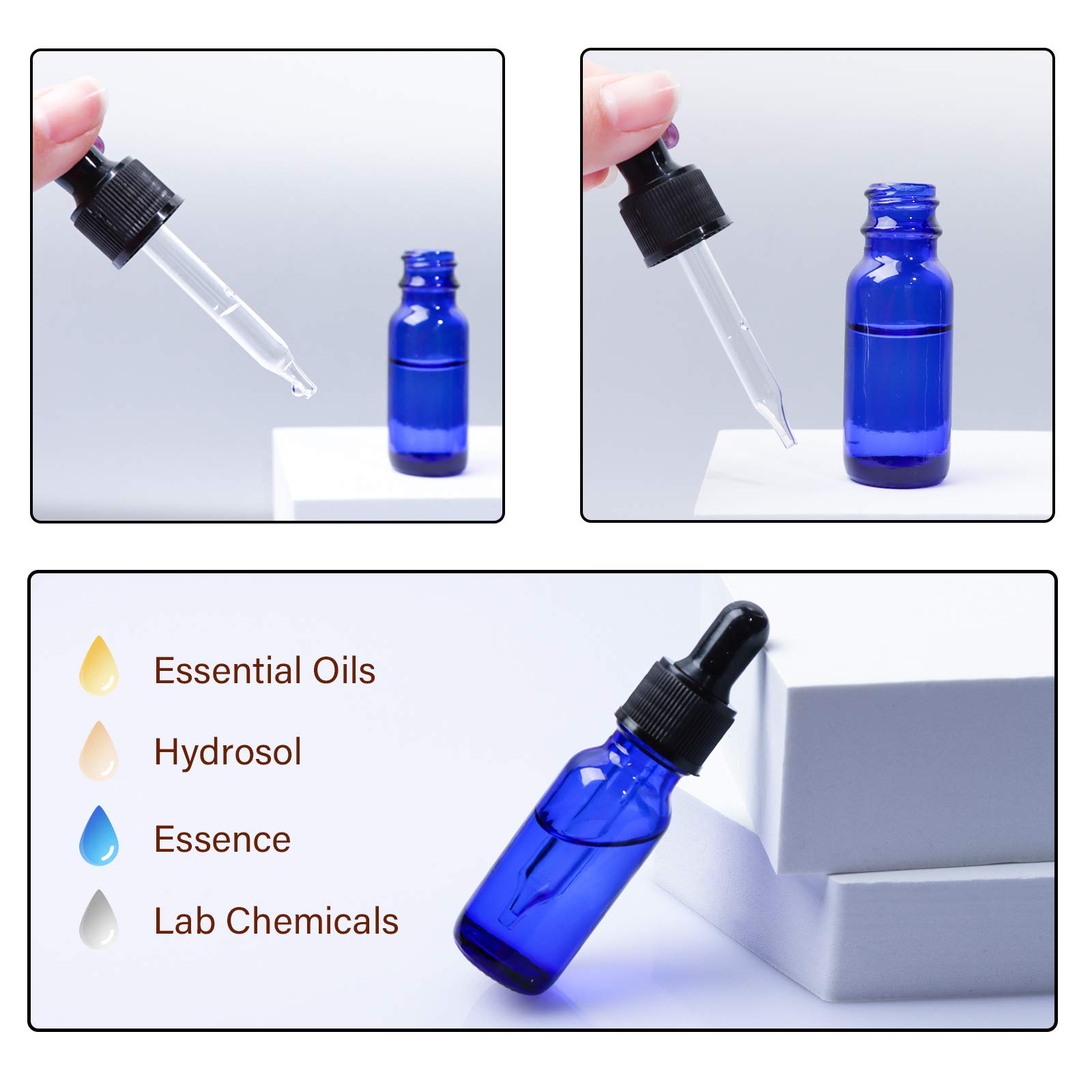 HWASHIN 24 Pack 1/2 oz Cobalt Blue Glass Bottles with Glass Eye Droppers for Essential Oils, Perfumes & Lab Chemicals (Brush, Funnels, 2 Extra Droppers, 36 Pcs Labels & Measuring Cup Included)