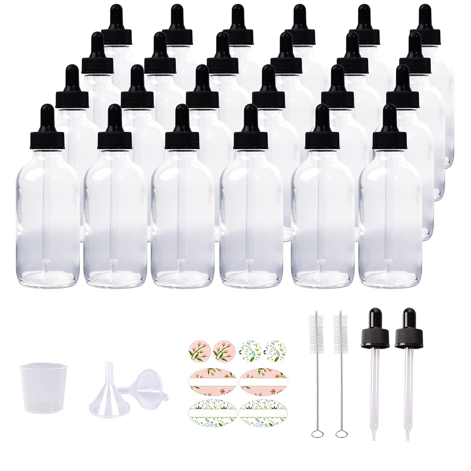 HWASHIN 24 Pack 4oz Clear Glass Bottles with Glass Eye Droppers for Essential Oils, Perfumes & Lab Chemicals (2 Brushes, 2 Funnels, 2 Extra Droppers, 36 Pieces Labels & 30ml Measuring Cup Included)
