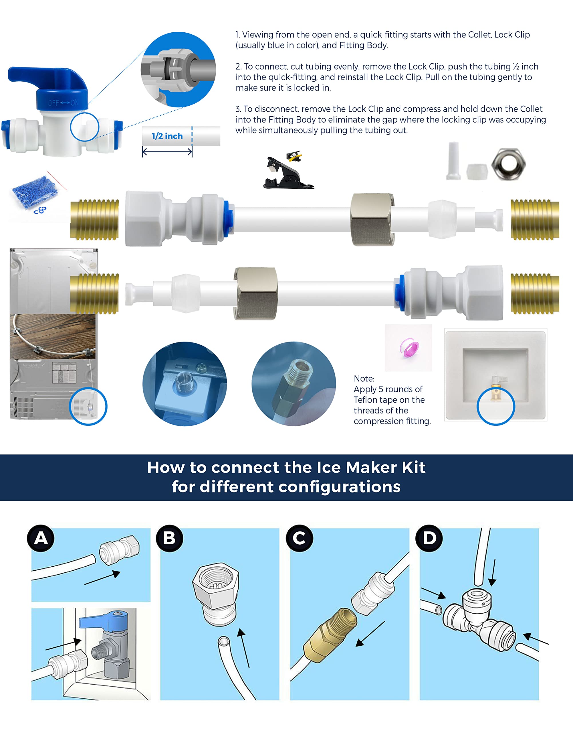 EZRODI All-in-One Ice Maker Water Line kit Do-It-Yourself Fridge Water Line Connection Kit, Clear, 1/2 inch Cold Water Supply Line