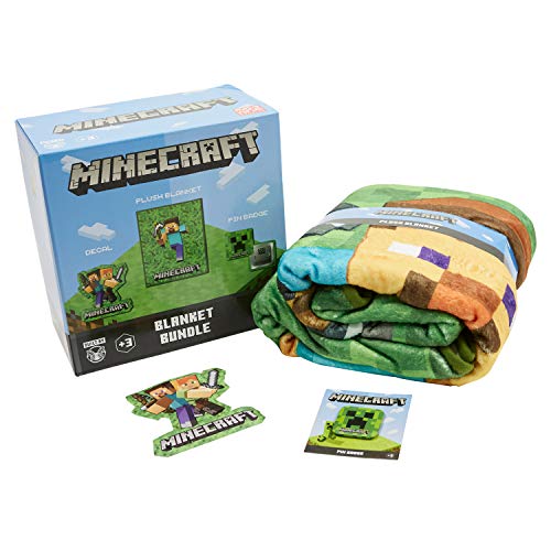 Minecraft Boys Fleece Throw Blanket - Blanket Lanyard and Pin Box Set - Official Black and Green Creeper Face Throw Blanket Lanyard and Pin Set (Green Run)