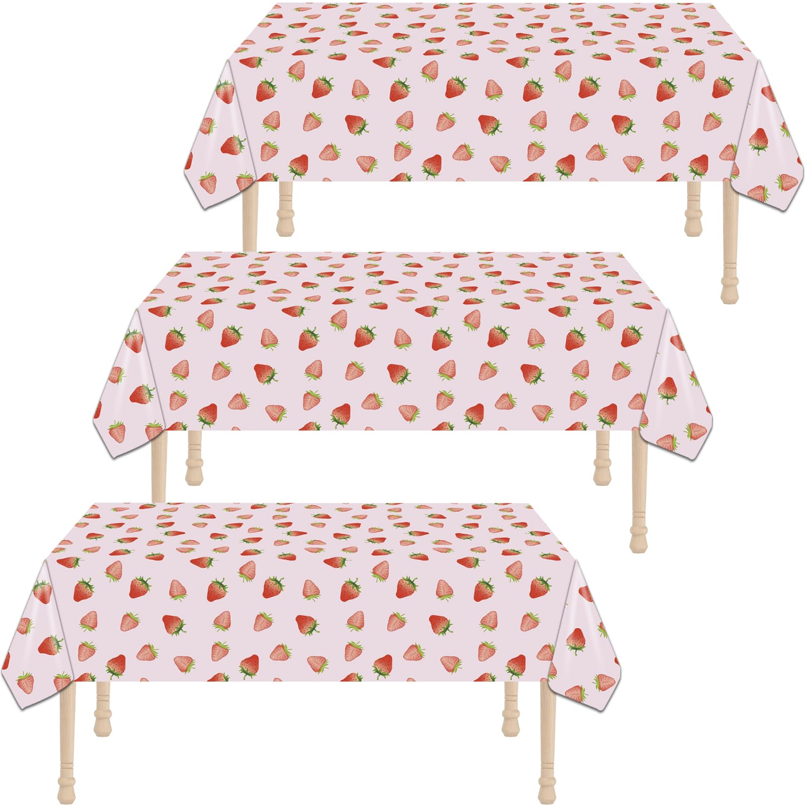 HTONTB 3PCS Strawberry Party Tablecloth,Strawberry Birthday Decorations 54X108INCH Disposable Plastic Rectangle Table Cover for Kids Girls Sweet Party Berry,Birthday Baby Shower Decoration
