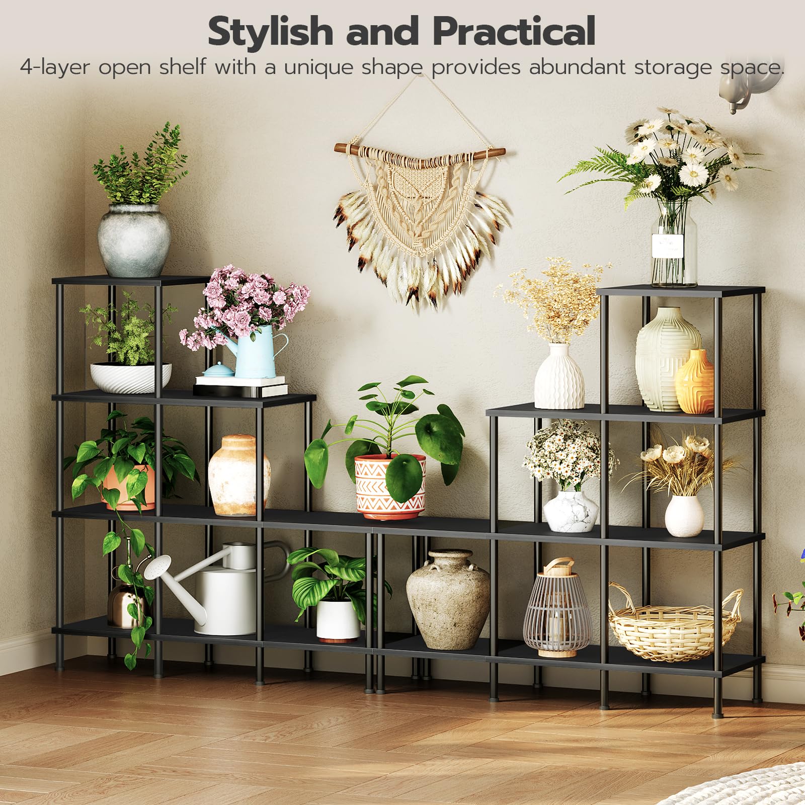 HOOBRO DIY Bookshelf Organizer, 4-Tier Cube Shelf Organizer, Industrial Stepped Bookcase, Ladder Shelf with 6-Cube Storage Organizer, Cube Bookcase, Cube Storage Shelf for Living Room, Black BB39CJ01
