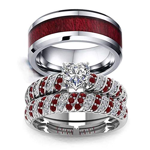 Couple Ring Bridal Set His and Hers Women 10k White Gold Filled Heart Garnet CZ Men Titanium Band 10k Wedding Ring Band Set