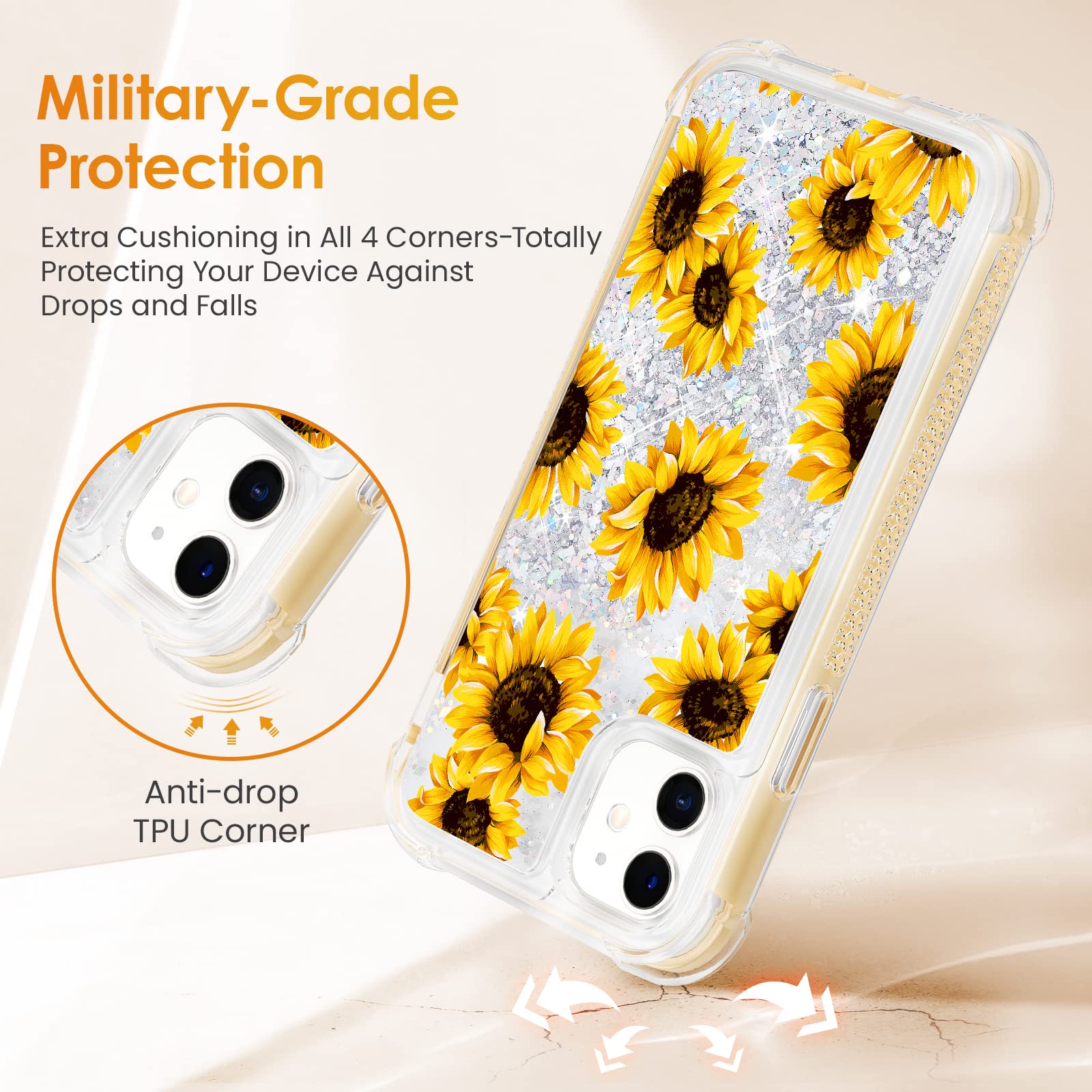 Caka Case for iPhone 11, iPhone 11 Phone Case with Screen Protector for Women Girls Girly Glitter Bling Full Body Protection Case Shockproof Rugged Case for iPhone 11 6.1 (Sunflower)