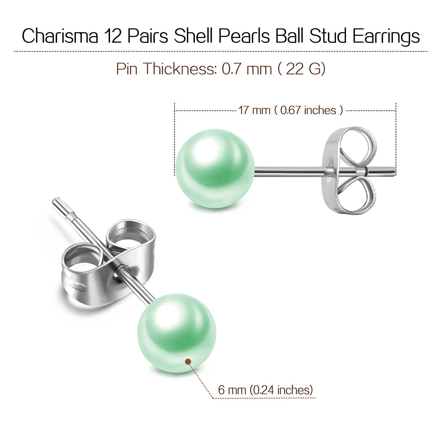 Charisma 6mm Composite Pearl Earrings Round Ball Pearls Stud Earrings Hypoallergenic 12 Pairs Mixed Color Imitation Pearl Earrings Set for Women