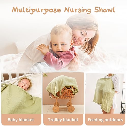 Muslin Nursing Cover for Baby Breastfeeding, Breathable 100% Soft Cotton Breastfeeding Cover with Adjustable Tie for Mother Nursing Apron, Multi-use Carseat Canopy Breastfeeding Essentials(Green)