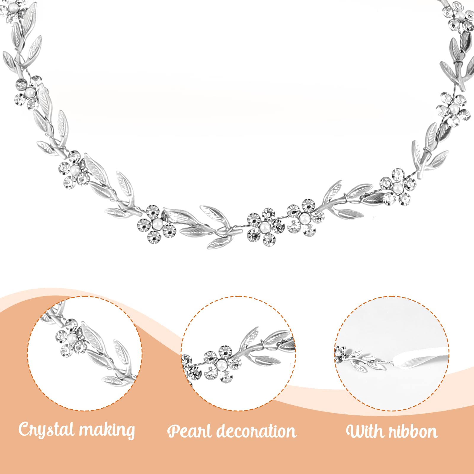 Crystal Leaf Pearl Hair Vine Tiara Headpiece with Flower Headband for Wedding Brides and Women - Silver