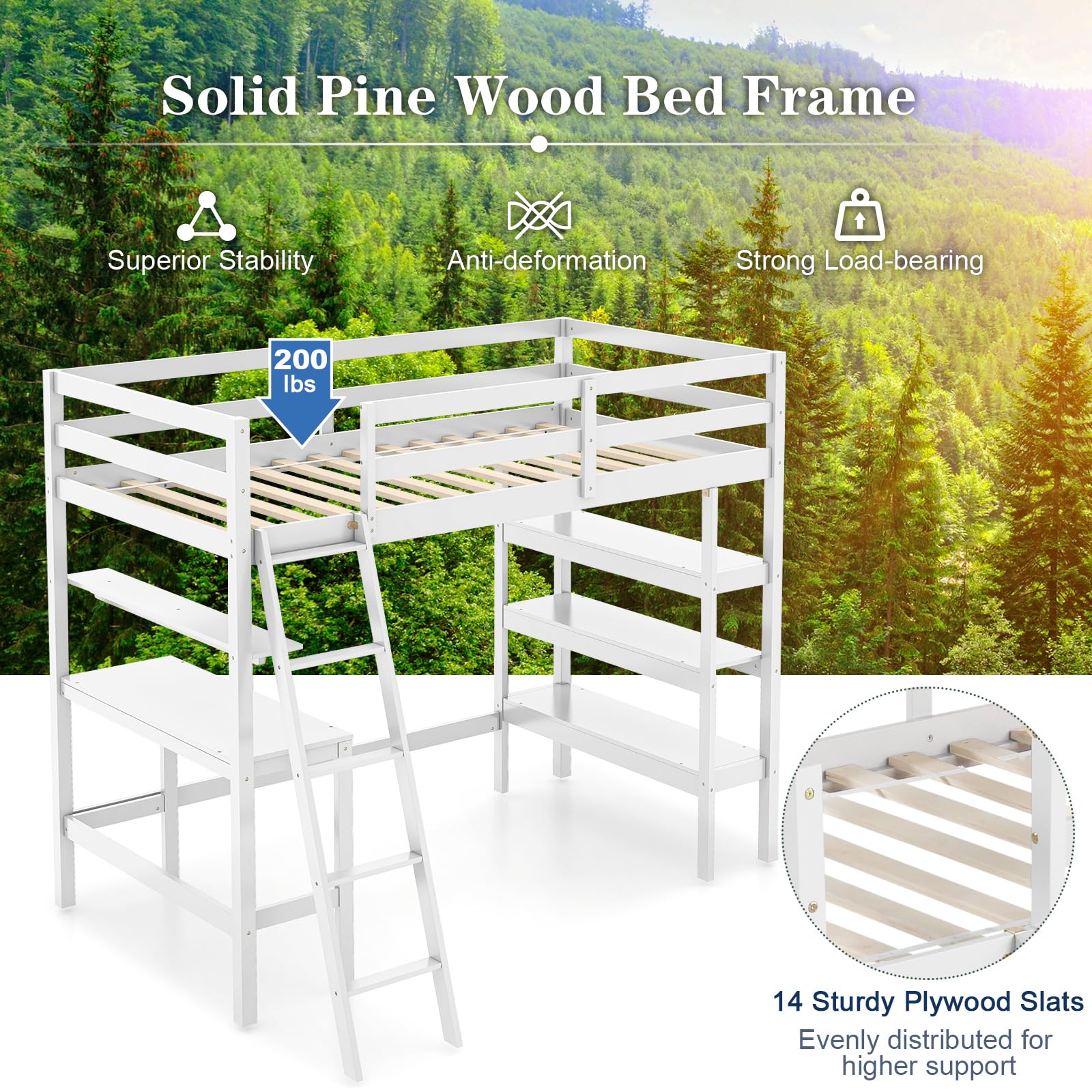KOMFOTT Twin Loft Bed with Desk & Storage Shelves, Wood Loft Bed Frame for Kids Teens with Bookcase, Ladder, Guardrail, No Box Spring Needed, Space-Saving Loft Bed for Dorm, Apartment