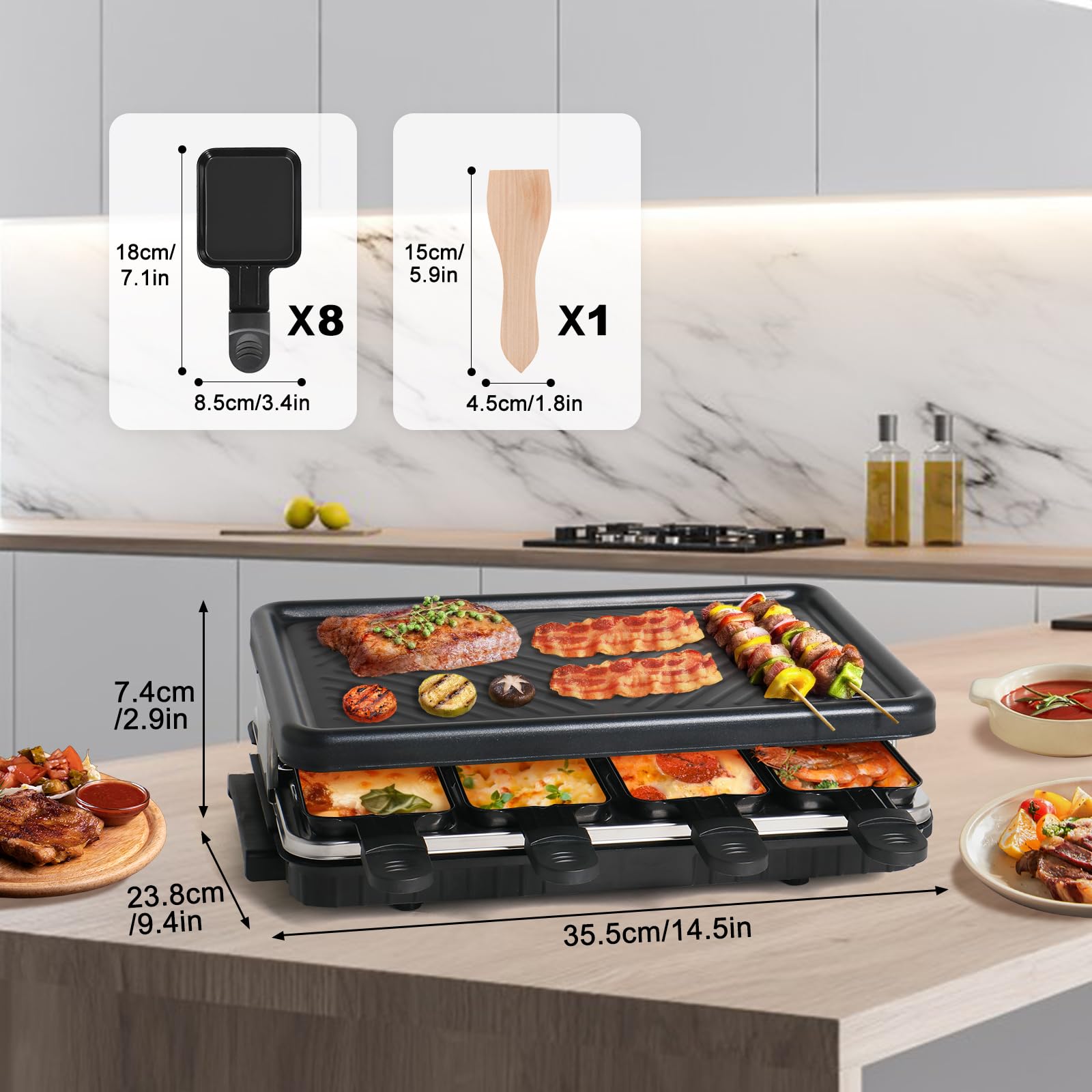 Fajiabao Electric Korean BBQ Indoor Grill Table Smokeless Portable Raclette Grill Nonstick with 8 Cheese Maker Pans Temperature Control & Dishwasher Safe 1300W Ideal for Parties and Family Fun