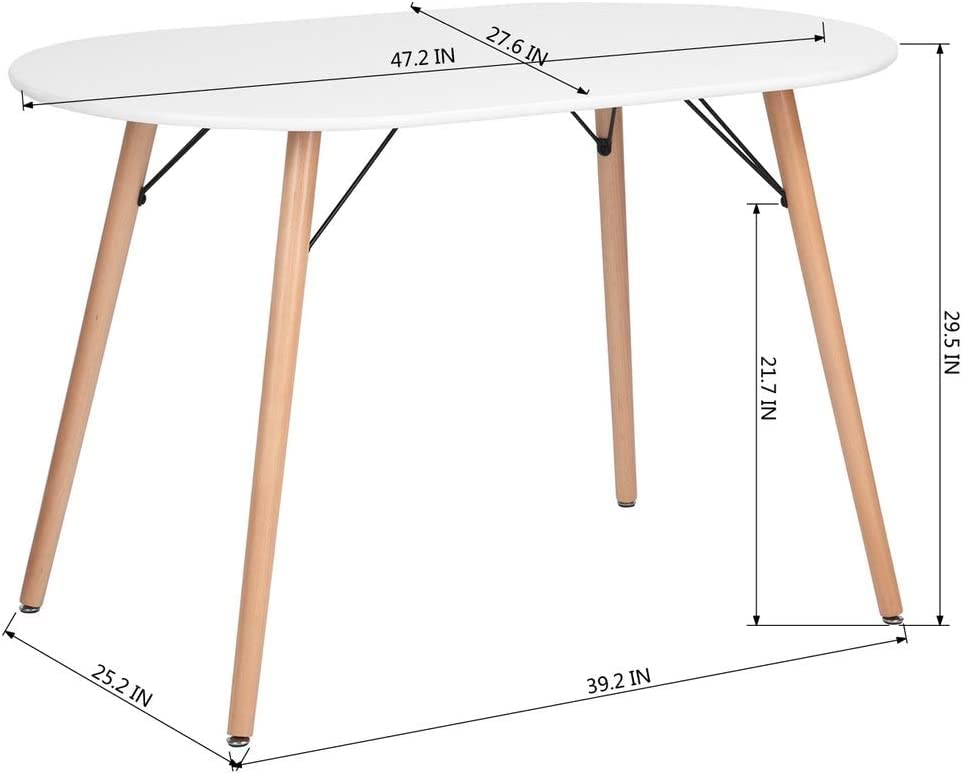 FurnitureR 47.2 Inch Dining Table Minimalist Style Oval Side Desk with Beech Wood Square Legs for Home Kitchen Living Room Corner Small Spaces, White