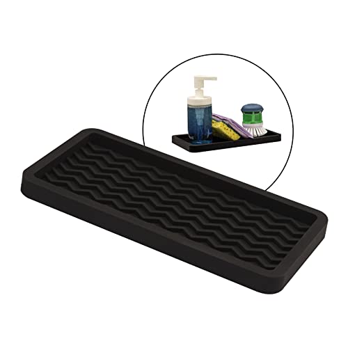 HomeBee Silicone Kitchen Bath Vanity Organizer Tray, Non-Slip Multipurpose Sink Caddy | Dish Sponge, Brush, Soap Dispenser Bottle Holder | Dishwasher Safe Rubber Counter Mat (10 x 5.25 Inch β Black)