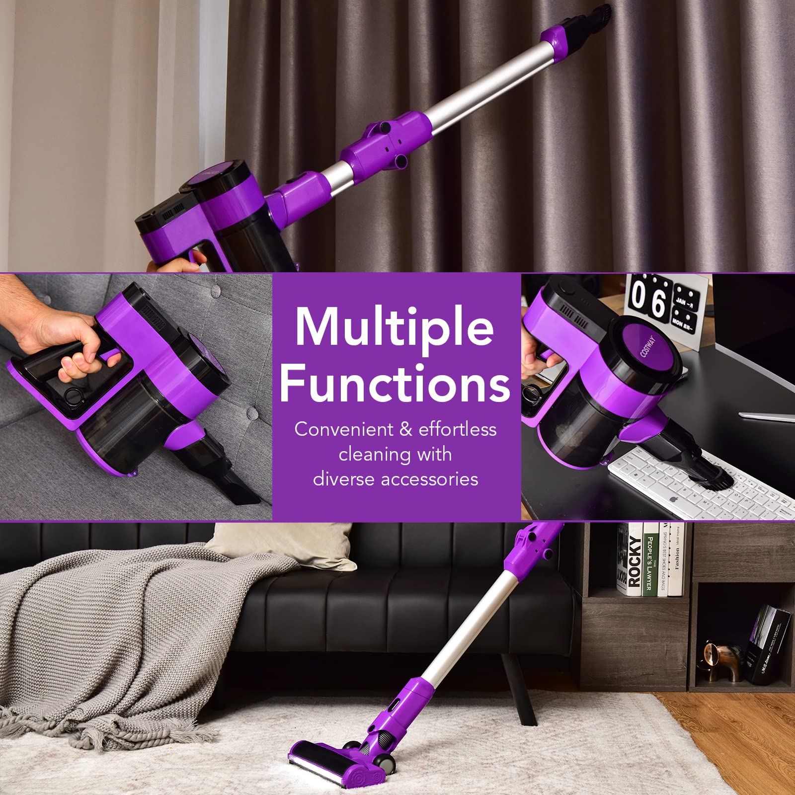 COSTWAY Cordless Vacuum Cleaner, 3-in-1 Handheld Stick Vacuum with 45-Minute Runtime & 2000mAh Rechargeable Battery, Wall-Mounted Lightweight Vacuum for Car, Pet Hair, Hard Floor & Carpet (Purple)