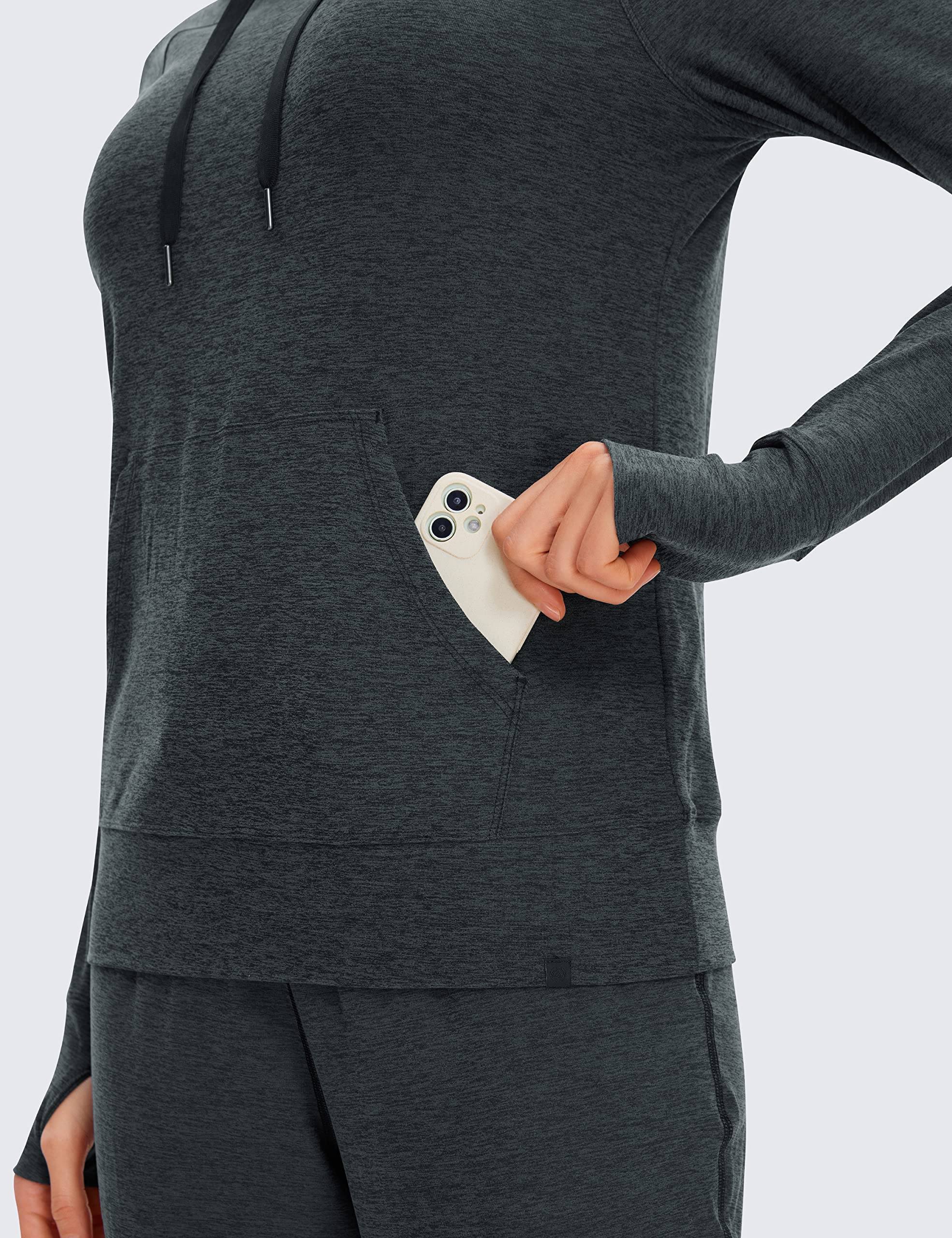 CRZ YOGA Women's Hoodie Long Sleeve Shirts Running Workout Top Pullover Sweatshirts with Pocket Black Heather Medium