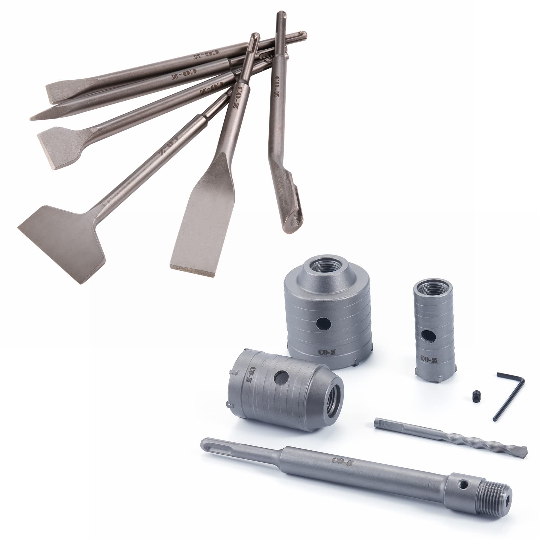 ZELCAN Chisel Set with SDS Plus Shanks, 6pc Masonry Concrete Drill Bit Set, and Hole Saw Kit for SDS Plus Hammer Drills 65 50 30mm Hole Saw Drill Bit Set w SDS Plus Shanks, Bundle