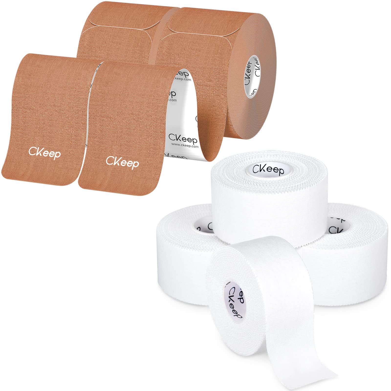 CKeep Begie Precut Kinesiology Tape and White Athletic Tape,Sport Tape for Strains and Sprains, Hypoallergenic and Breathable