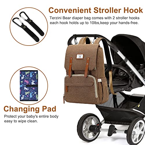 Terzini Bear Small Diaper Bag Backpack, Diaper Bags for Baby with USB Charging Port,Changing mat,Stroller Hooks (Brown)