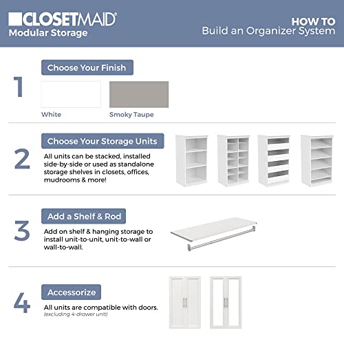 ClosetMaid Modular Storage Shelf Unit with 3 Shelves, Wood Closet Organizer Adjustable, Stacking, Full Backer, Decorative Trim, White, 40.29 H x 21.39 in. W x 15.91 in. D