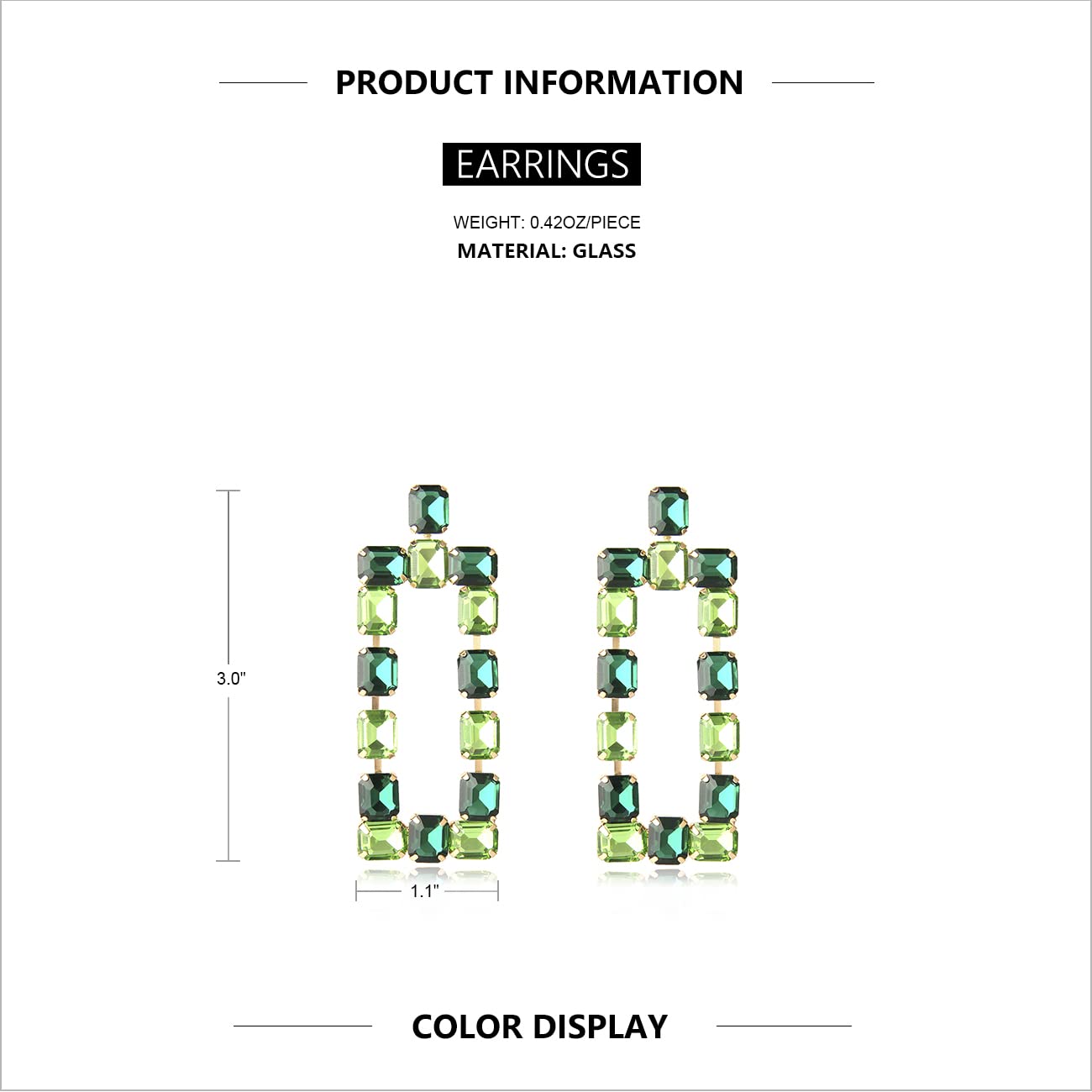 Crystal Rectangle Geometric Dangle Earrings, Glass Rhinestone Statement Drop Earrings for Women KELMALL COLLECTION