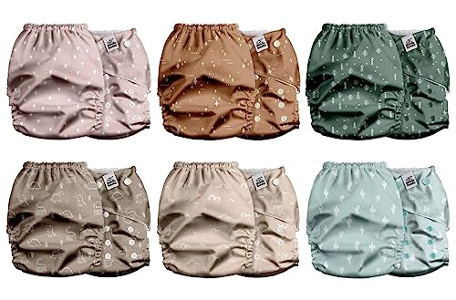 Mama Koala 2.0 Baby Cloth Diapers with AWJ Lining and Tummy Panel, Washable Reusable Pocket Diapers, 6 Pack with 6 Bamboo Diaper Inserts (Simply Neutrals)