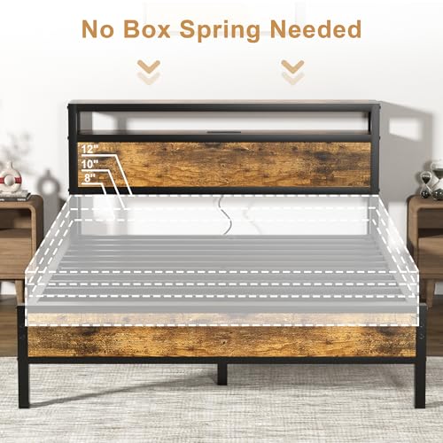 HUEOFGP Queen Bed Frame with 2-Tier Storage Headboard, Metal Platform Bed Frame with Charging Station, Sturdy Heavy Duty Steel, Easy Assembly, No Box Spring Needed