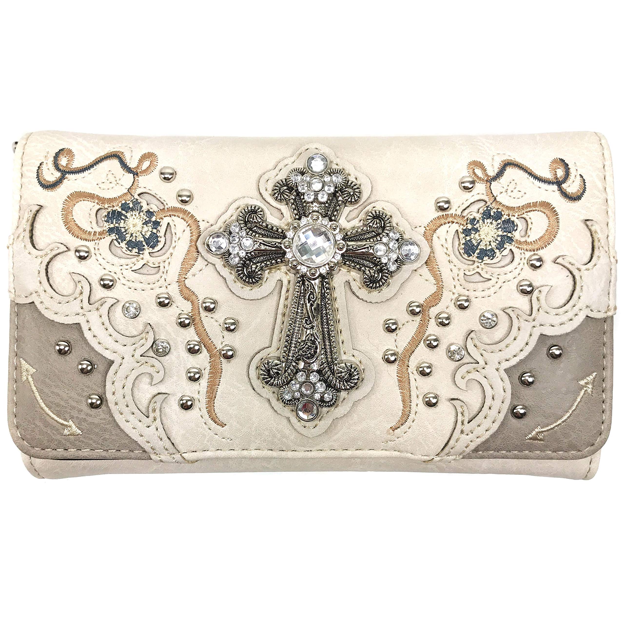 Zelris Floral Poppy Cross Western Women Crossbody Wrist Trifold Wallet (Beige Silver)