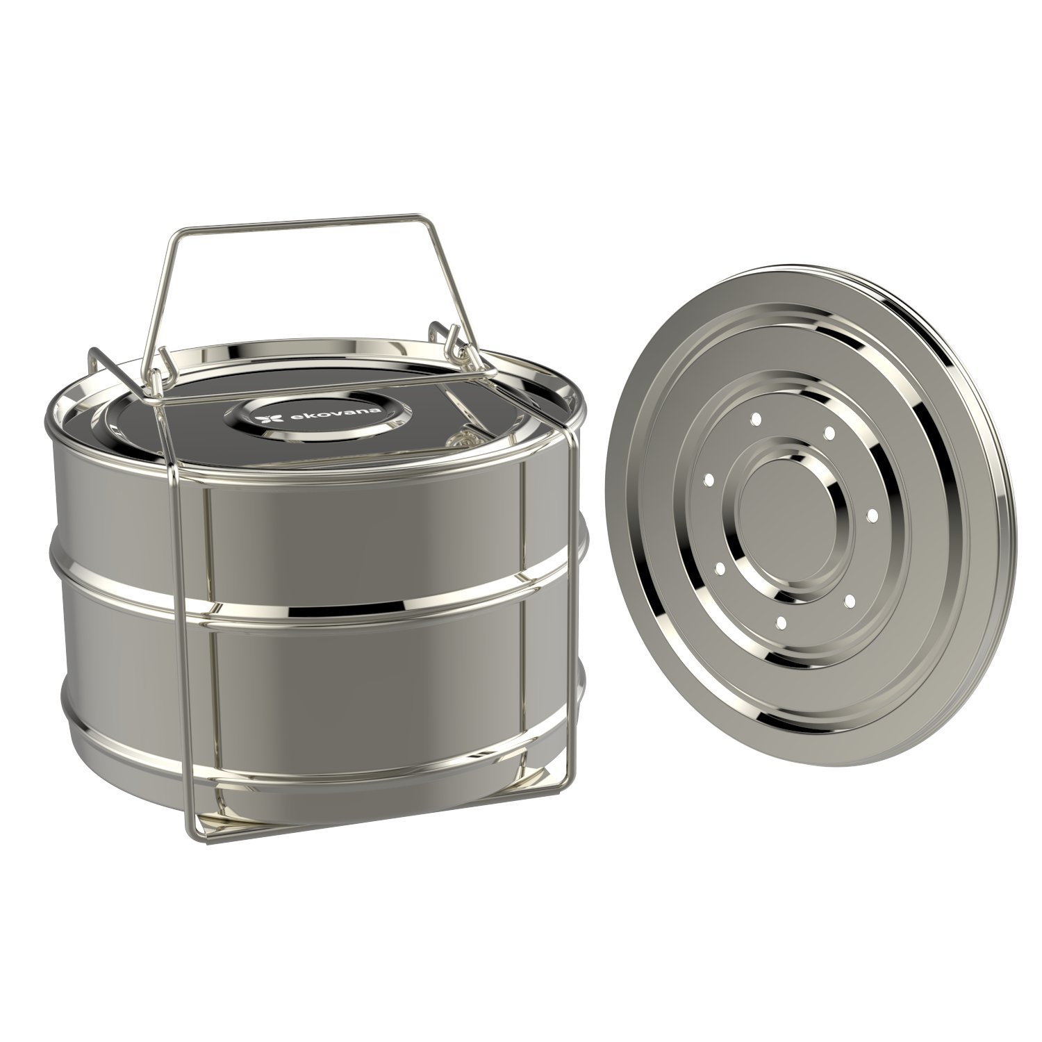 ekovana 3qt Mini Stackable Stainless Steel Pressure Cooker Steamer Insert Pans with sling handle - compatible with Instant Pot Accessories 3 quart - two interchangeable lids