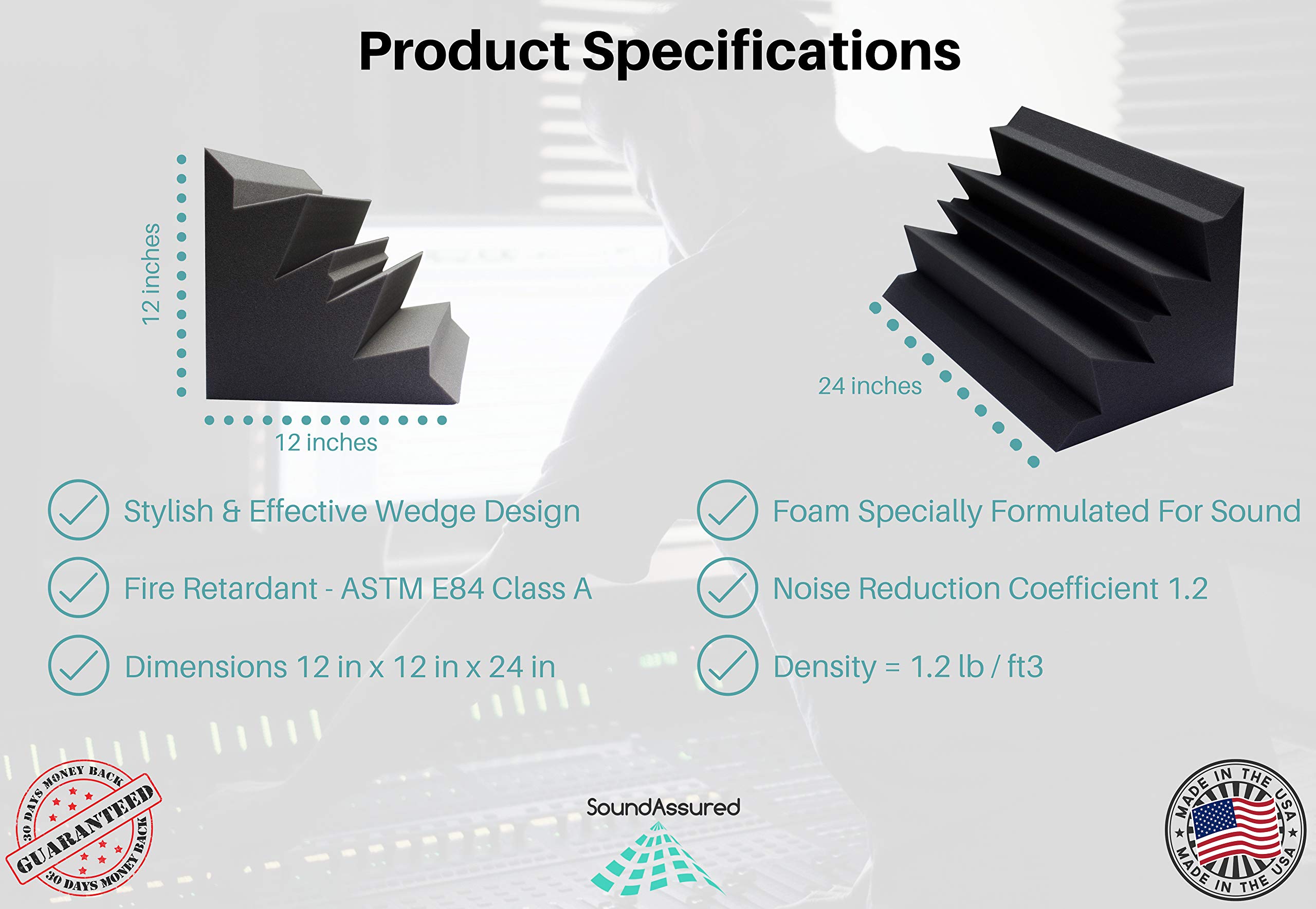 Color Acoustic Foam Bass Traps, Bulk 24โ x 12โ x 12โ XL Soundproofing Studio Foam Bass Trap Bundle (4 Pack, Charcoal)