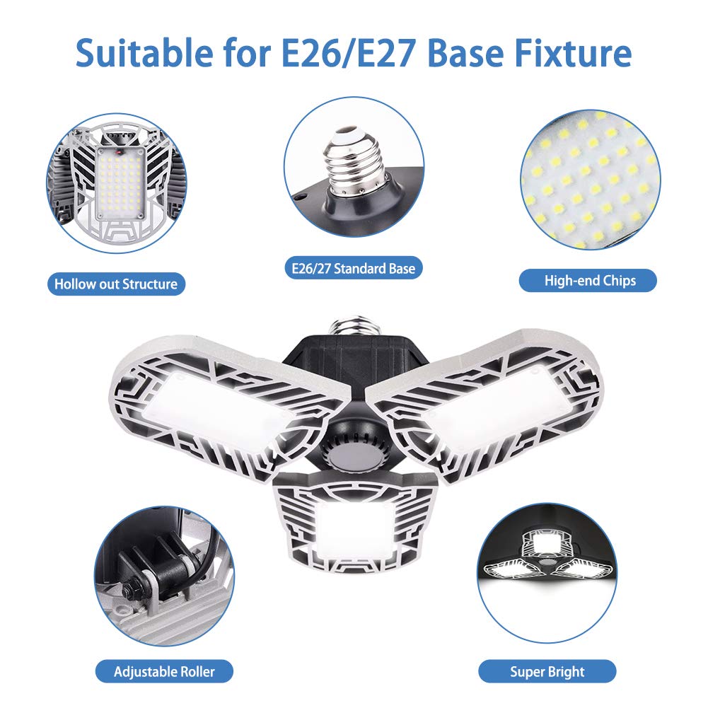 CKEGUO LED Garage Lights, 60W Garage Lighting Deformable Garage Ceiling Light Fixture 6000Lm 6500K Shop Light with 3 Adjustable Panels for Workshop Basement for Garage, Working Light, Stadium