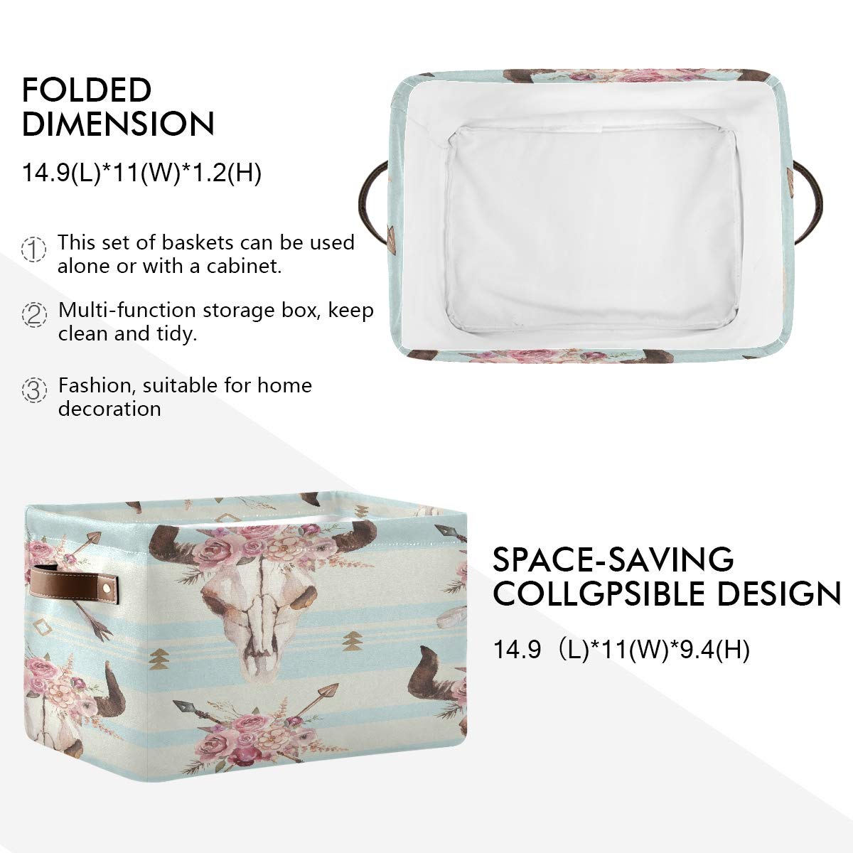 Collapsible Storage Bin Cube Floral Flower Animal Cow Skull Laundry Basket Hamper Toy Cloth Organization Bag with Handle for Pantry Nursery Home Office Shelve,2 PCS