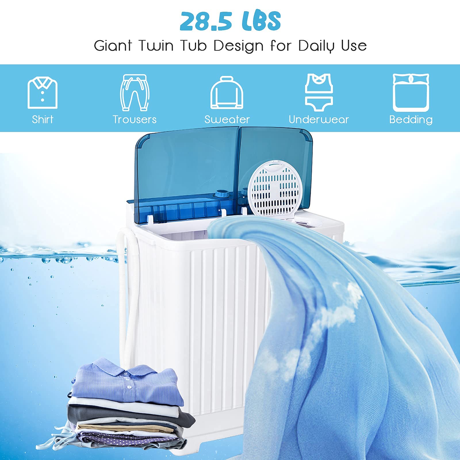 COSTWAY Portable Washing Machine, Twin Tub 28.5Lbs Capacity, Washer(20Lbs) and Spinner(8.5Lbs), Laundry Machine with Control Knobs, Timer Function, Drain Pump, Compact washer for Apartment, RV (Blue)