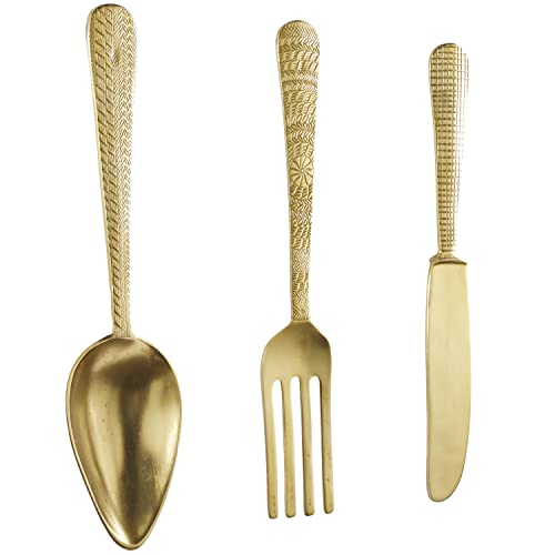 Deco 79 Aluminum Metal Utensils Home Wall Decor Knife, Spoon and Fork Wall Sculpture, Set of 3 Wall Art 4" W, 23" H, Gold