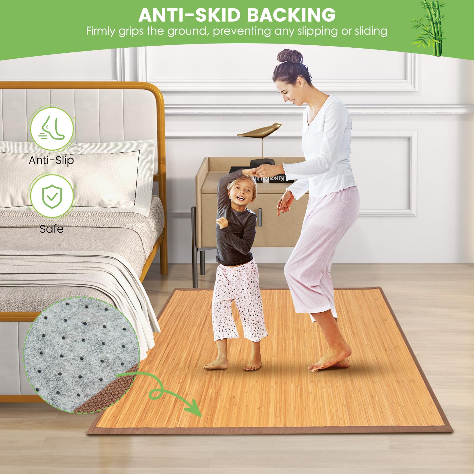 Giantex 5’ x 8’ Bamboo Area Rugs - Floor Mat with Anti-Slip Backing, Durable Roll-up Floor Rug, 60” x 96” Indoor Mat Rug for Dining Room, Living Room, Bedroom, Entryway, Bamboo Carpet (Modern)