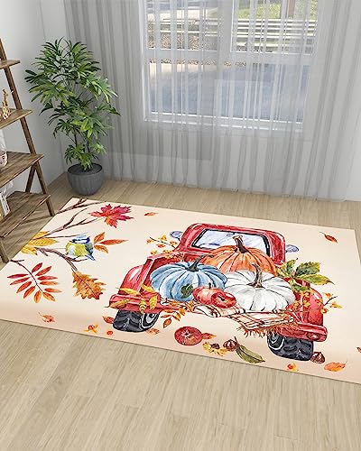 Thanksgiving Fall Large Rectangular Area Rugs 5' x 7' Living Room, Durable Non Slip Rug Carpet Floor Mat for Bedroom Bedside Outdoor Farmhouse Red Truck Pumpkin Leaves Autumn