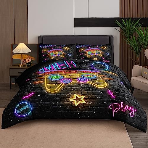 MWMWMW Kids Bedding Sets for Boys Teens, Boys Queen Comforter Set, Gaming Comforter Sets for Boys, 3D Gaming Geometric Lightweight Microfiber Bedding Sets (1 Comforter +2 Pillowcases)