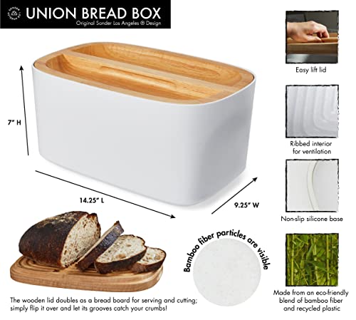 Sonder Los Angeles, Modern Bamboo Fiber (White) Bread Box for Kitchen Countertop with Reversible Wood Serving Lid, Homemade Bread Storage 14.25 x 9.25 x 7in, Storage Bin and Bread Container