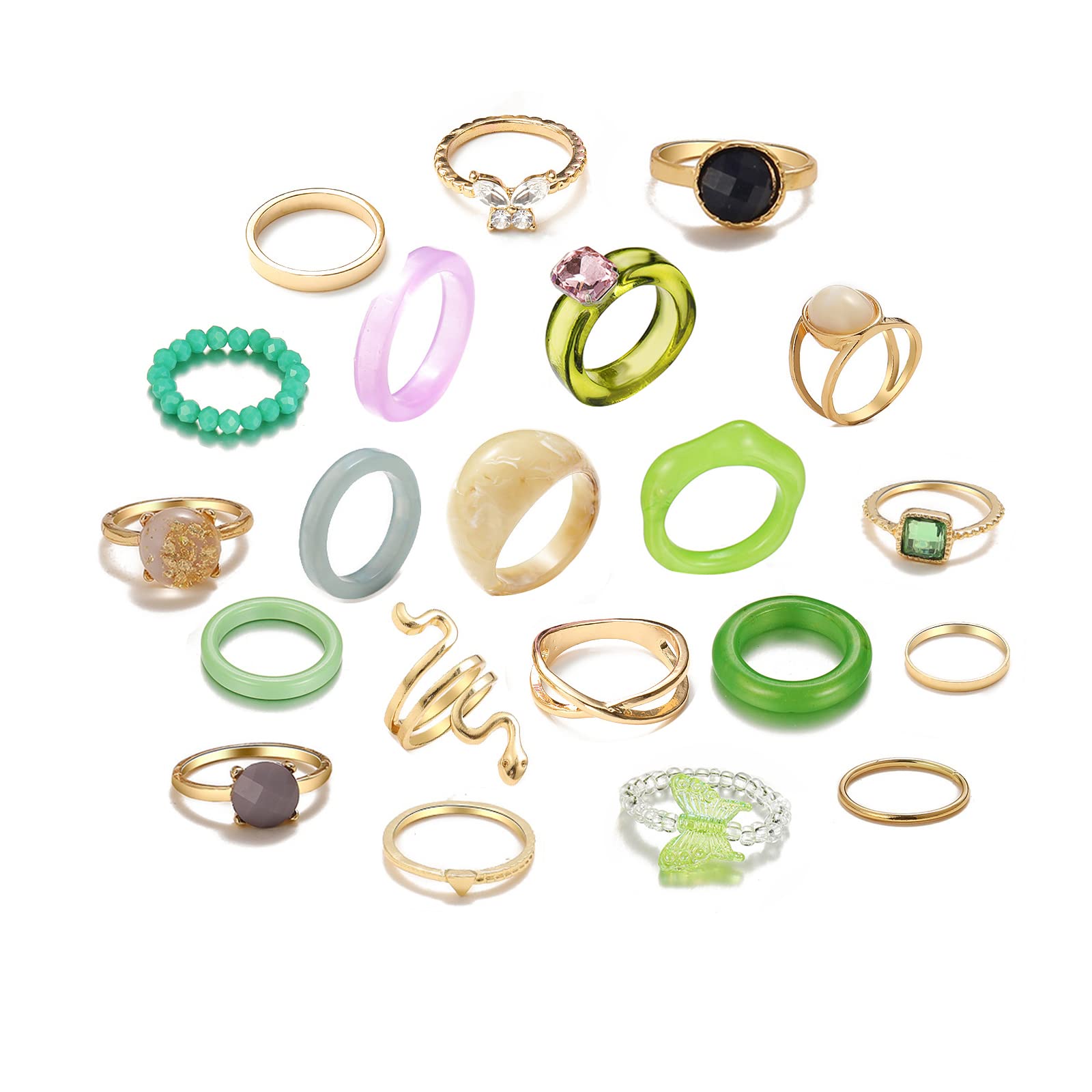 CSIYANJRY99 Vintage Girly Gold Ring Set, Boho Resin Finger Ring Aesthetic Snake Butterfly Crystal Thick Ring, Folded Midi Ring Wrapped Gift (21PCS)