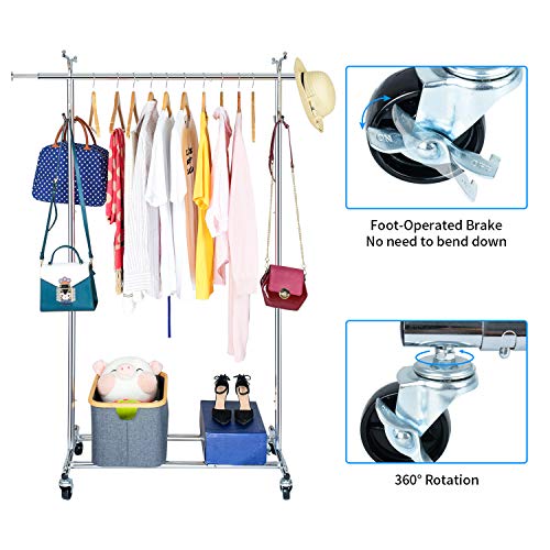 HOUSE AGAIN Adjustable 2-in-1 Heavy-Duty Garment Rack Clothes Coat Rack Rolling with Foot Operated Lockable Wheels, Extra Strength Clothes Rack for Hanging Clothes, Shoes Organizing, Chrome