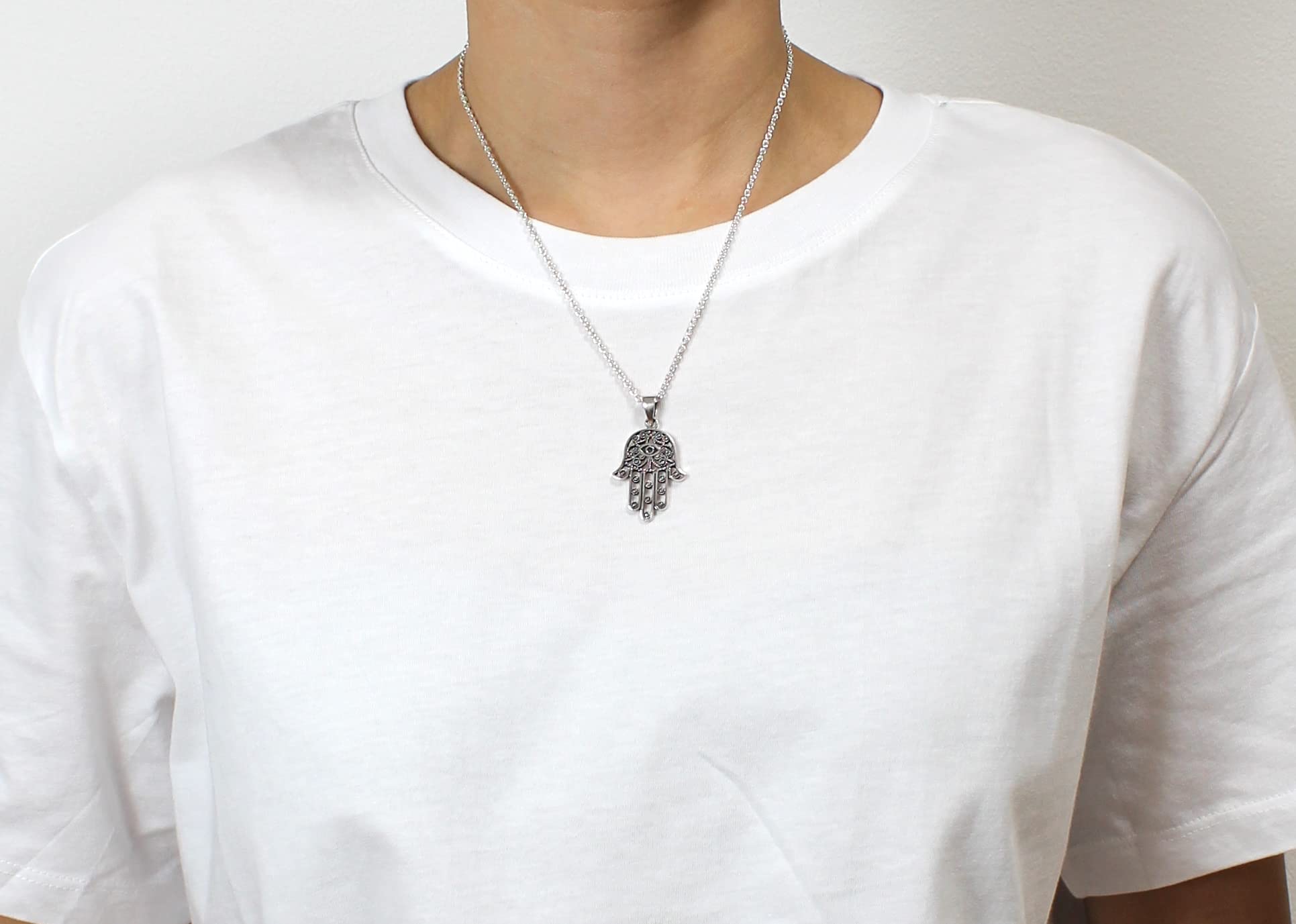 COSUMOSU 925 sterling silver Hamsa Hand of Fatima Evil eye Good Luck Amulet Pendant (Hand B)