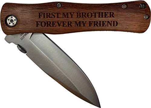 First My Brother Forever My Friend Stainless Steel Folding Pocket Knife with Clip, Wood