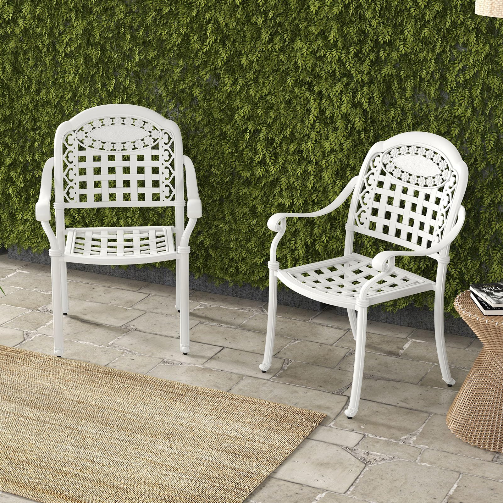 Giantex Stackable Outdoor Chairs Set of 2, All Weather Cast Aluminum Patio Chairs for Lawn Porch Garden Yard, Bistro Dining Chairs with Armrests, Adjustable Foot Pads, Easy Assembly (1, White)