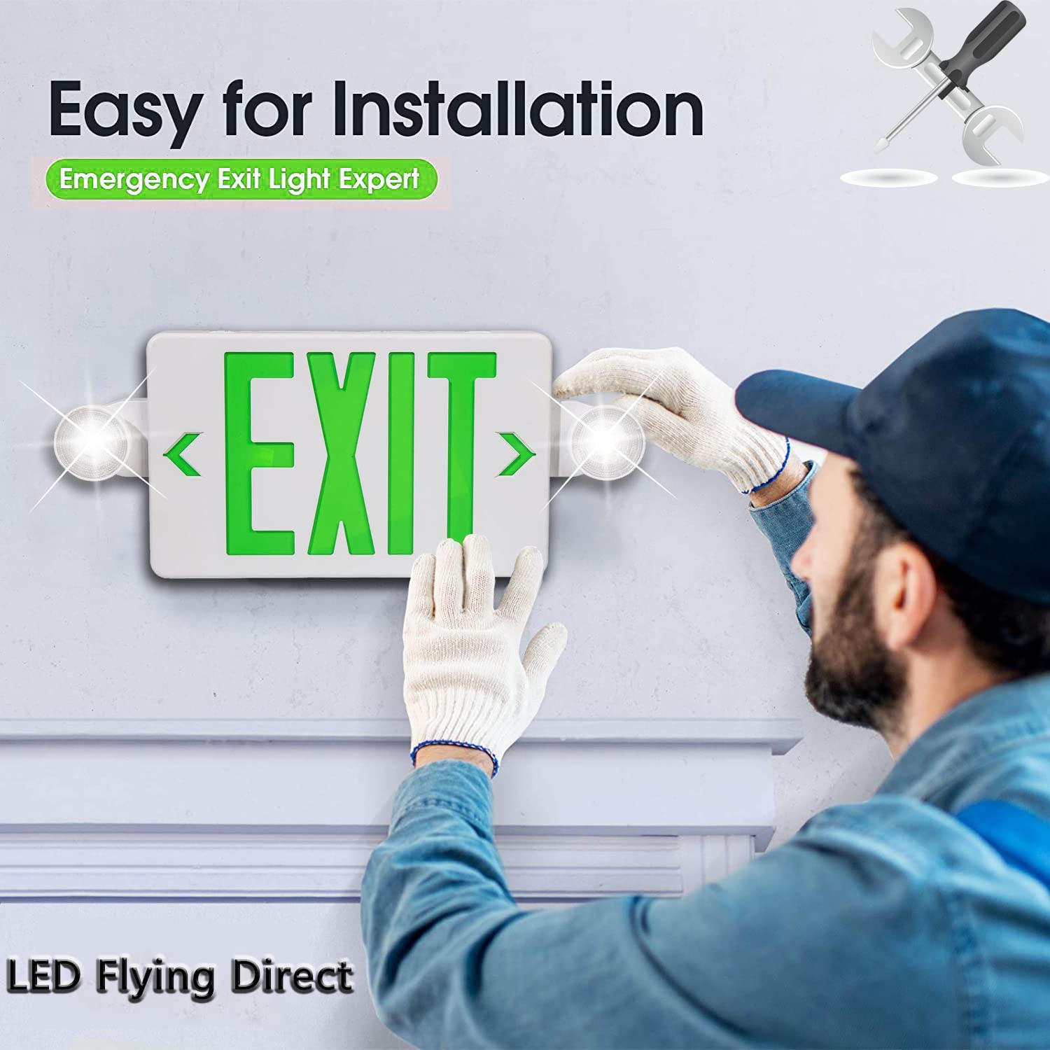 Green LED Exit Sign Emergency Lights with 2 Adjustable Head Lights, Green Letter Emergency Exit Lighting With Battery backup, US Standard Double Sided ABS Fire Resistant UL 924 AC 120/277V (12-Pack)